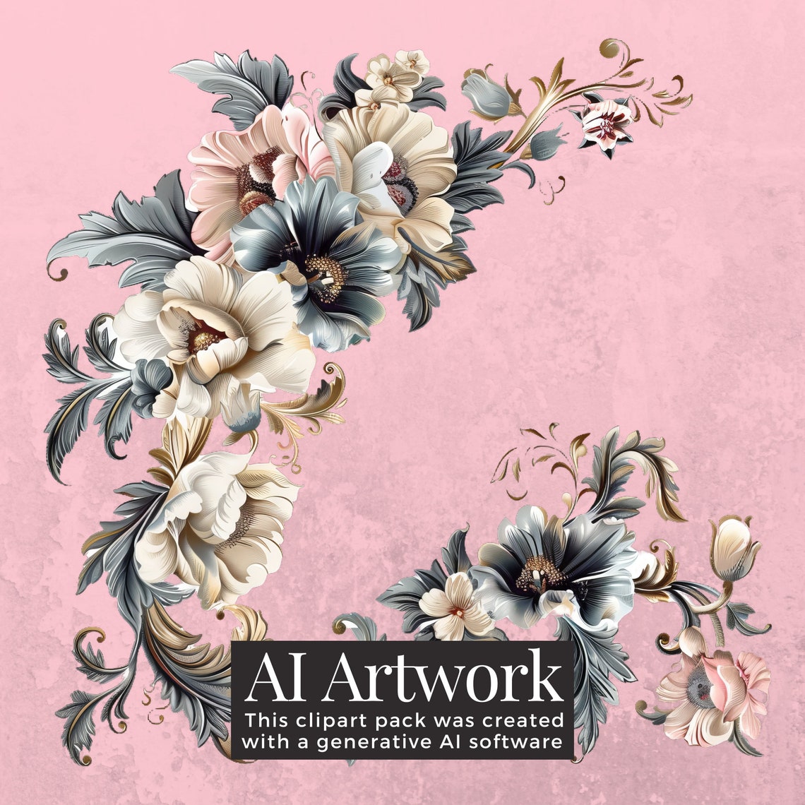 40 Fancy Rococo Flower Corners Clipart Pack - INSTANT DOWNLOAD, PNG ...