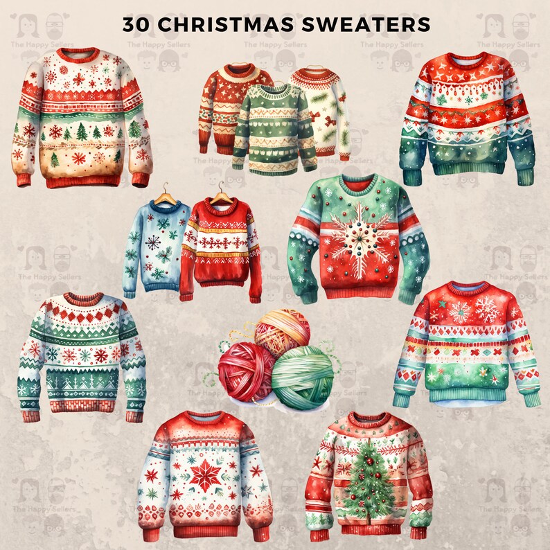 30 Christmas Sweaters Clipart Pack INSTANT DOWNLOAD 30 Holiday Sweater ...