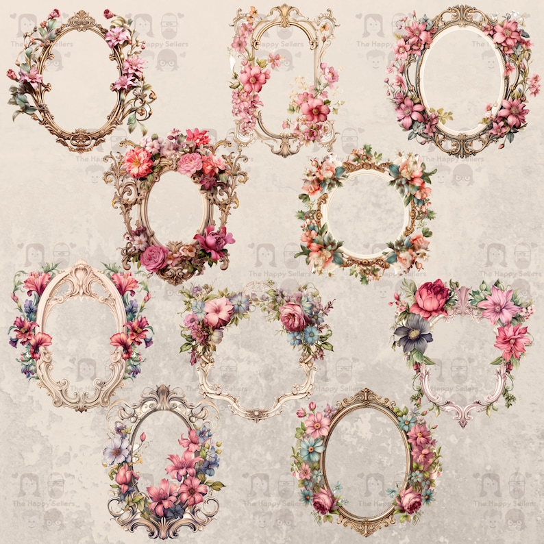 30 Floral Victorian Frames Clipart Pack - INSTANT DOWNLOAD, PNG Transparent Background, Personal ...