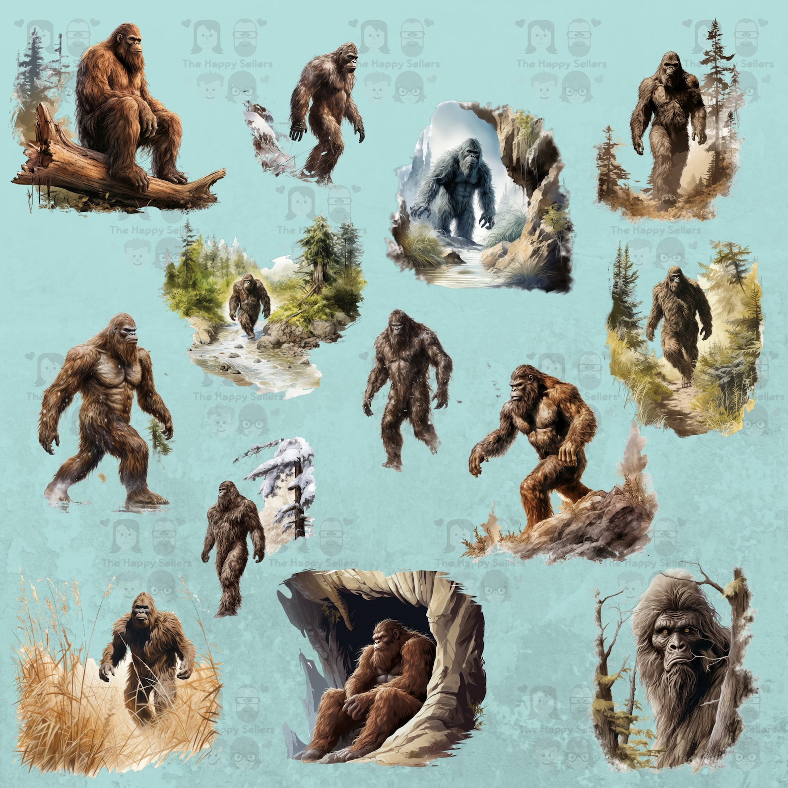50 Bigfoot Clipart Pack INSTANT DOWNLOAD 50 Sasquatch Illustrations ...