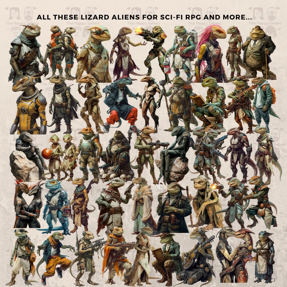 174 Lizard Aliens for Sci-fi RPG Clipart Bundle - Instant Download, PNG ...