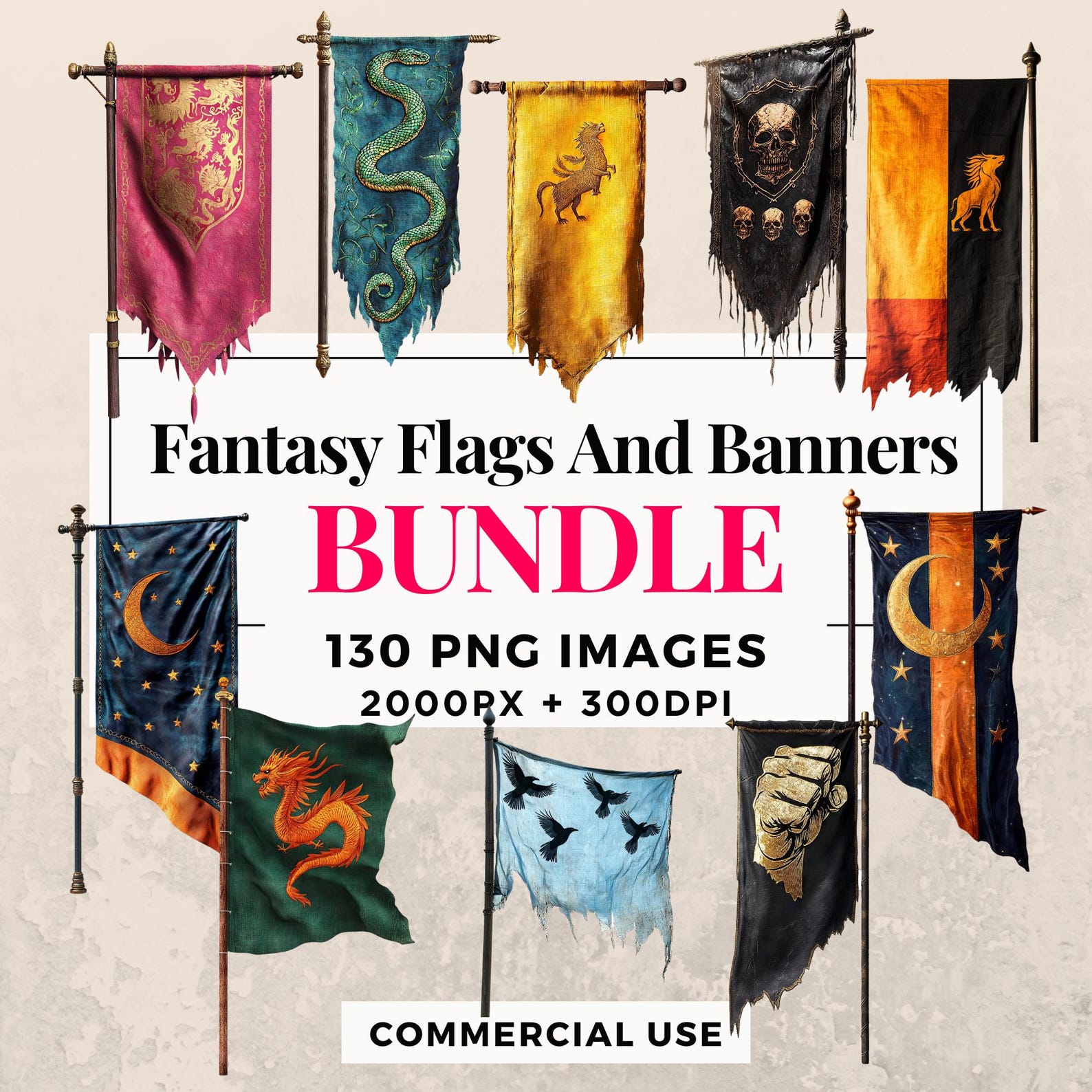 130 Fantasy Flags and Banners Clipart Bundle - Instant Download, PNG ...