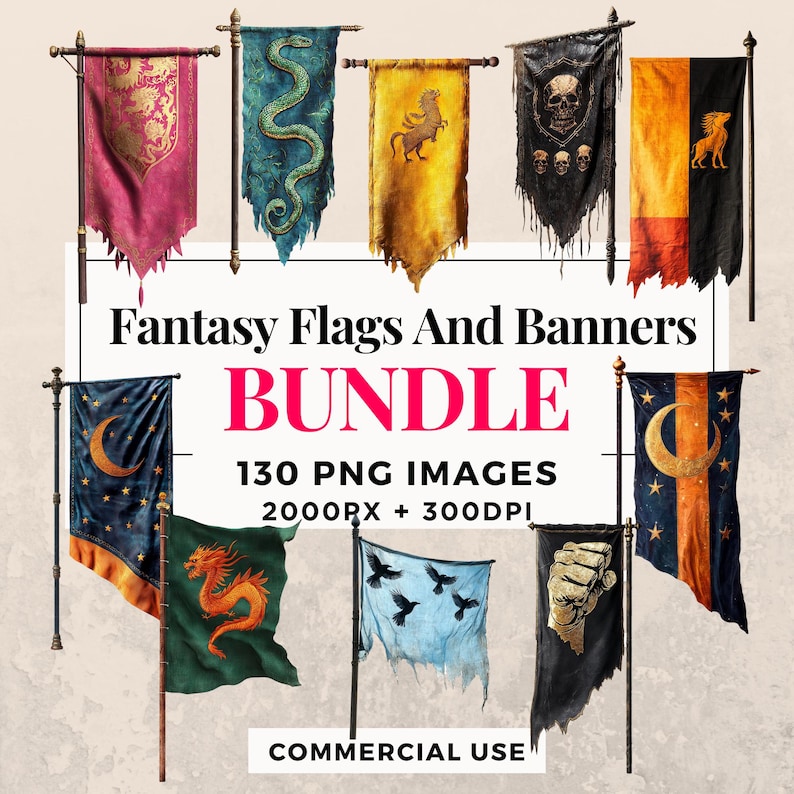 130 Fantasy Flags and Banners Clipart Bundle - Instant Download, PNG ...