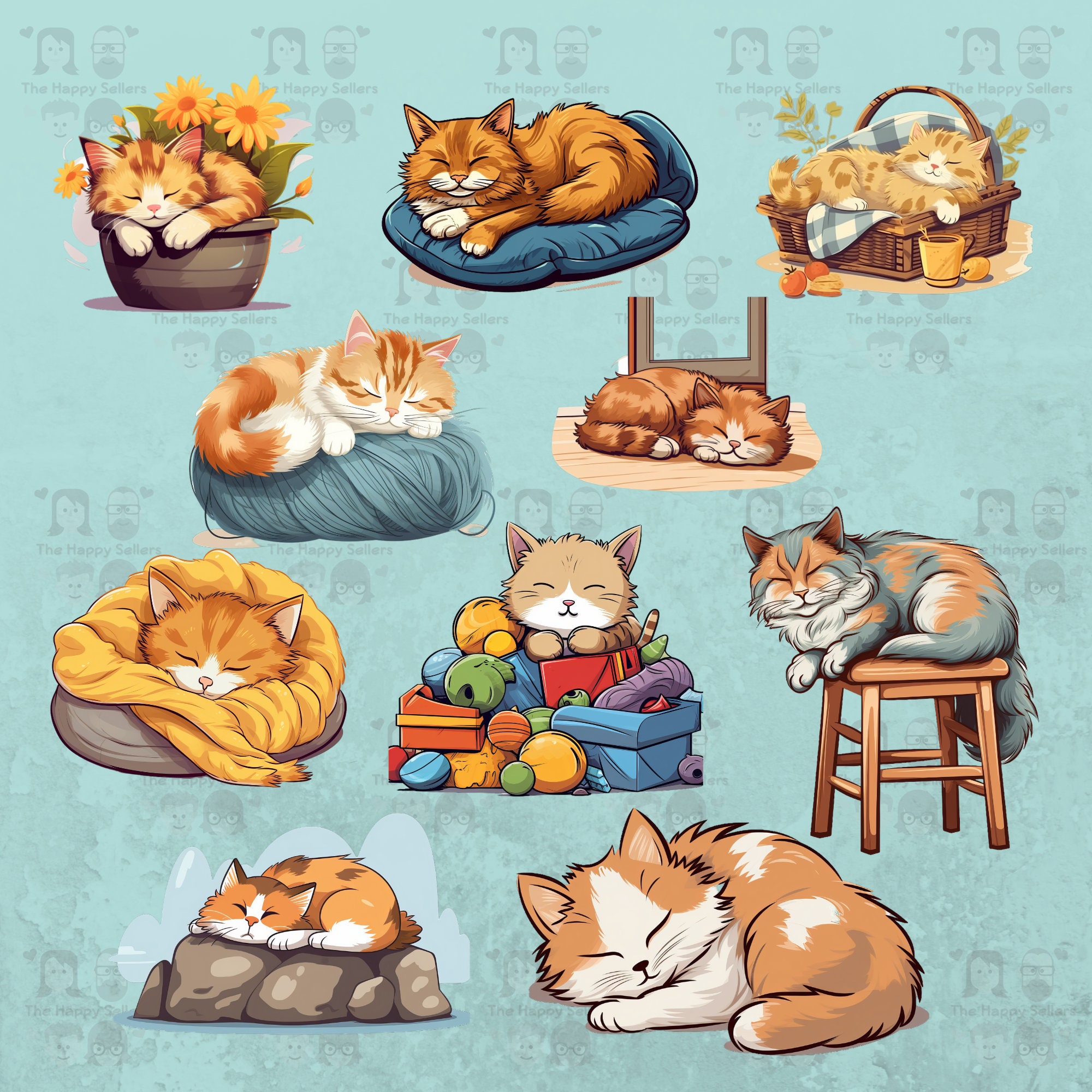 40 Napping Cats Clipart Pack INSTANT DOWNLOAD 40 Cozy Cat Nap ...