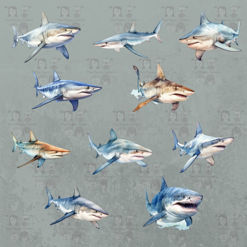 40 Watercolor Sharks Clipart Pack INSTANT DOWNLOAD 40 Shark - Etsy
