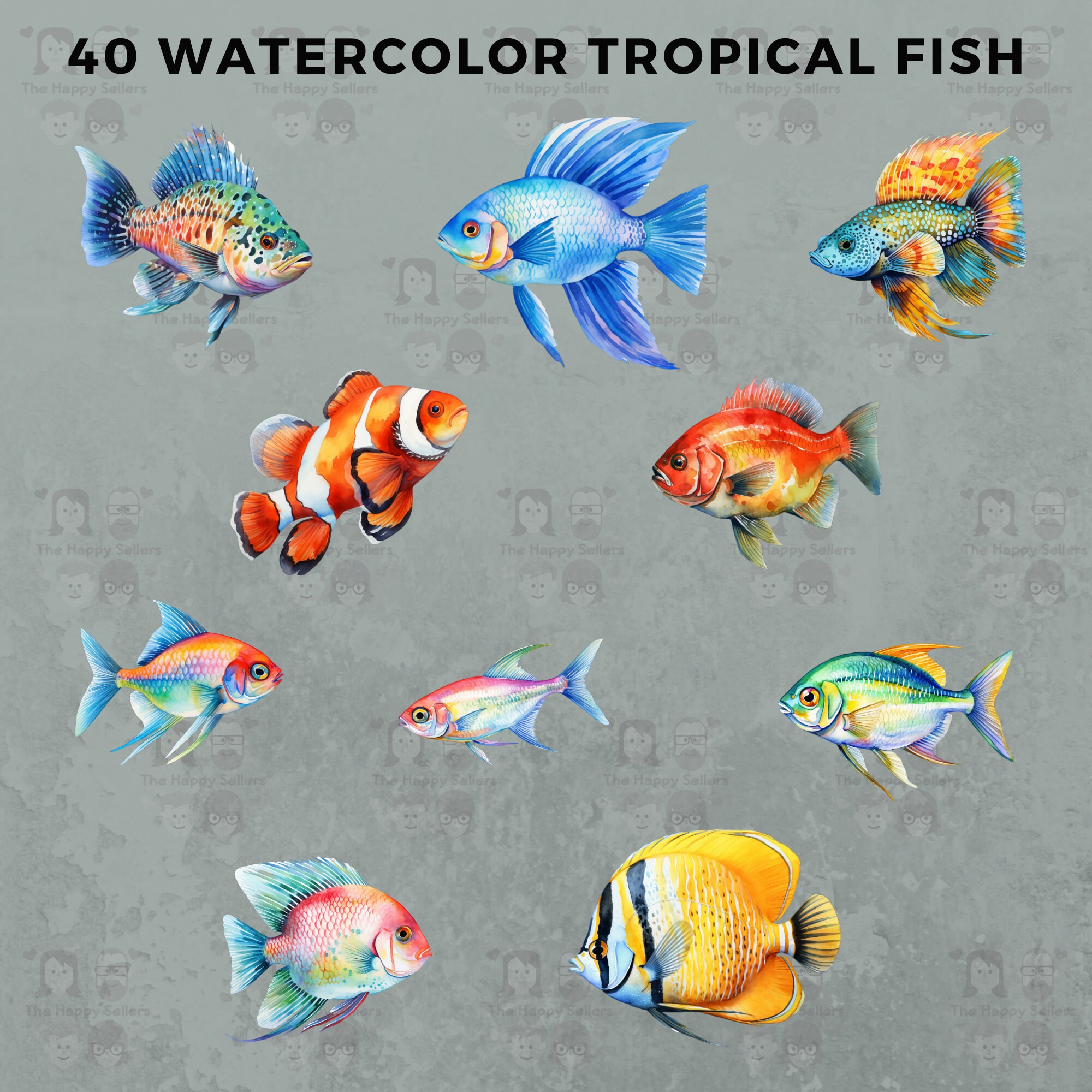 40 Watercolor Tropical Fish Clipart Pack INSTANT DOWNLOAD 40 Vibrant ...