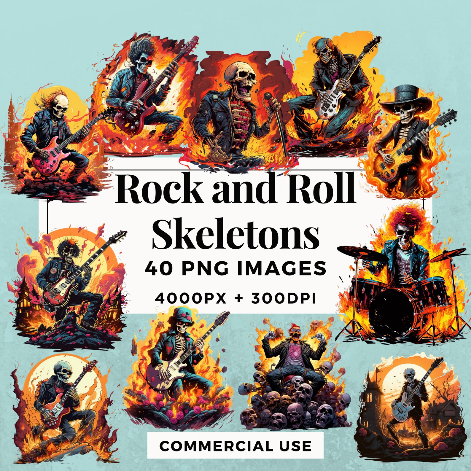 40 Rock and Roll Skeletons Clipart Pack INSTANT DOWNLOAD Musical ...