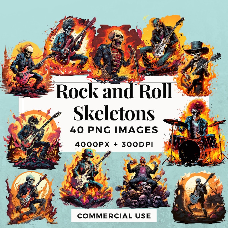 40 Rock and Roll Skeletons Clipart Pack INSTANT DOWNLOAD Musical ...