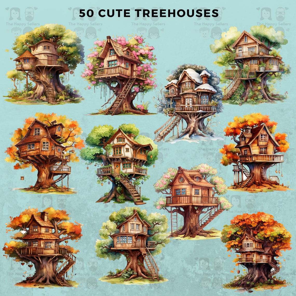 50 Cute Treehouses Clipart Pack INSTANT DOWNLOAD 50 Adorable Treehouse ...
