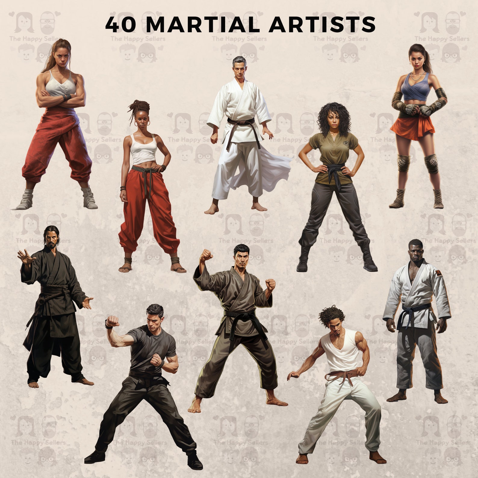 40 Martial Artists Clipart Pack INSTANT DOWNLOAD 40 Dynamic Martial ...