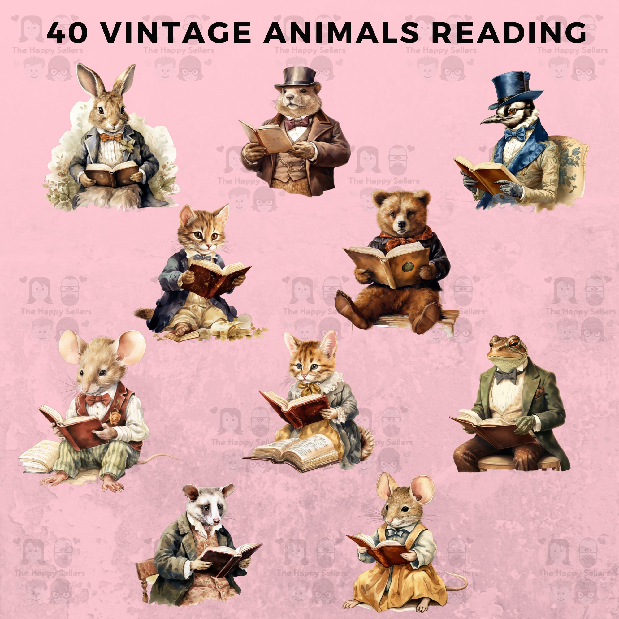 40 Vintage Animals Reading Clipart Pack INSTANT DOWNLOAD 40 Animal ...