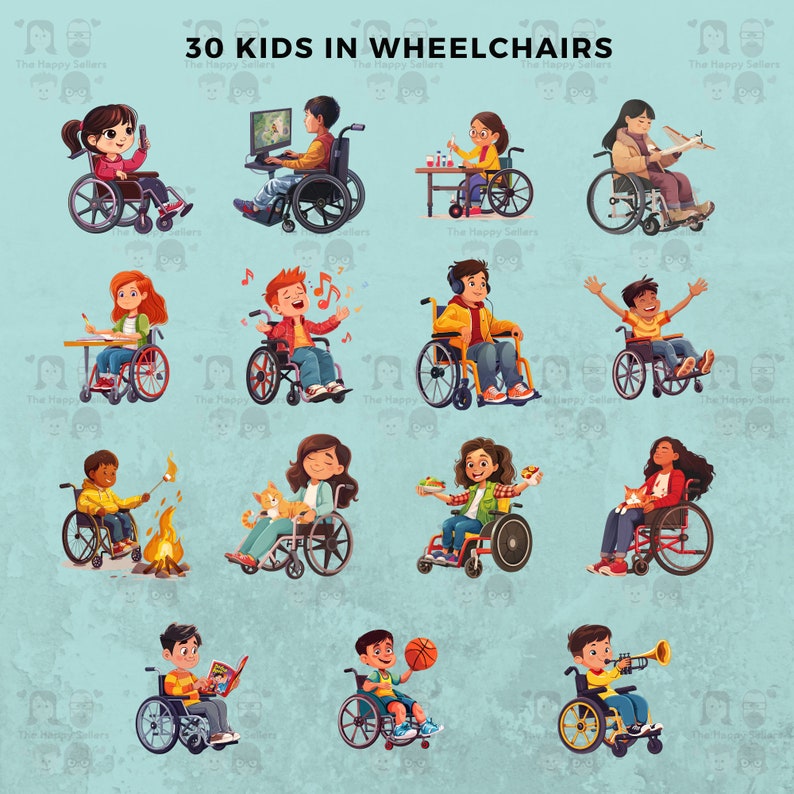 30 Kids in Wheelchairs Clipart Pack - INSTANT DOWNLOAD, PNG Transparent ...