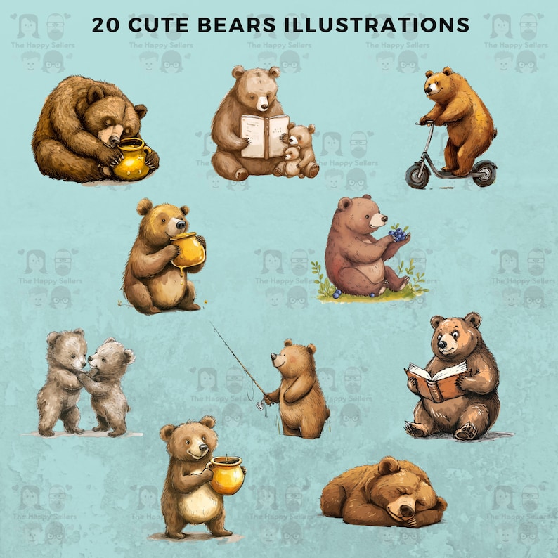 20 Cute Bears Illustrations Clipart Pack INSTANT DOWNLOAD 20 Adorable Bear Drawings, PNG ...