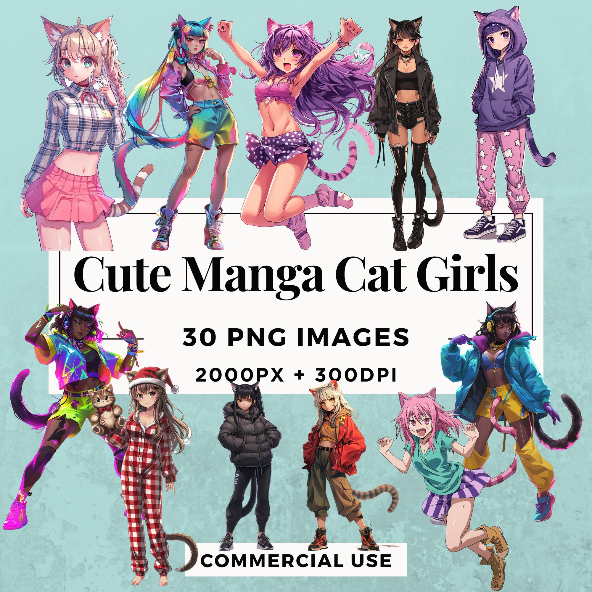 30 Cute Manga Cat Girls Clipart Pack INSTANT DOWNLOAD 30 Anime-inspired ...