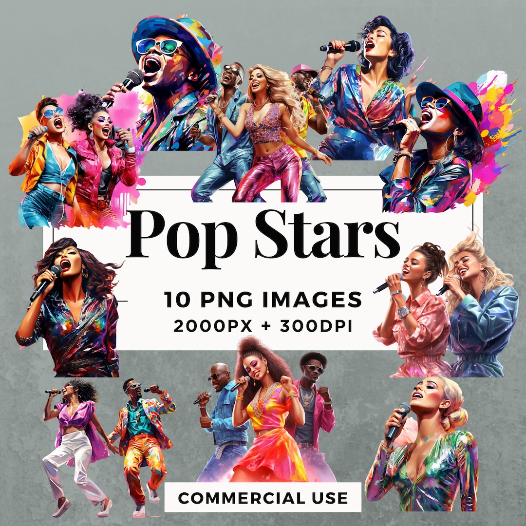 10 Pop Stars Clipart Pack INSTANT DOWNLOAD 10 Vibrant Pop Star ...