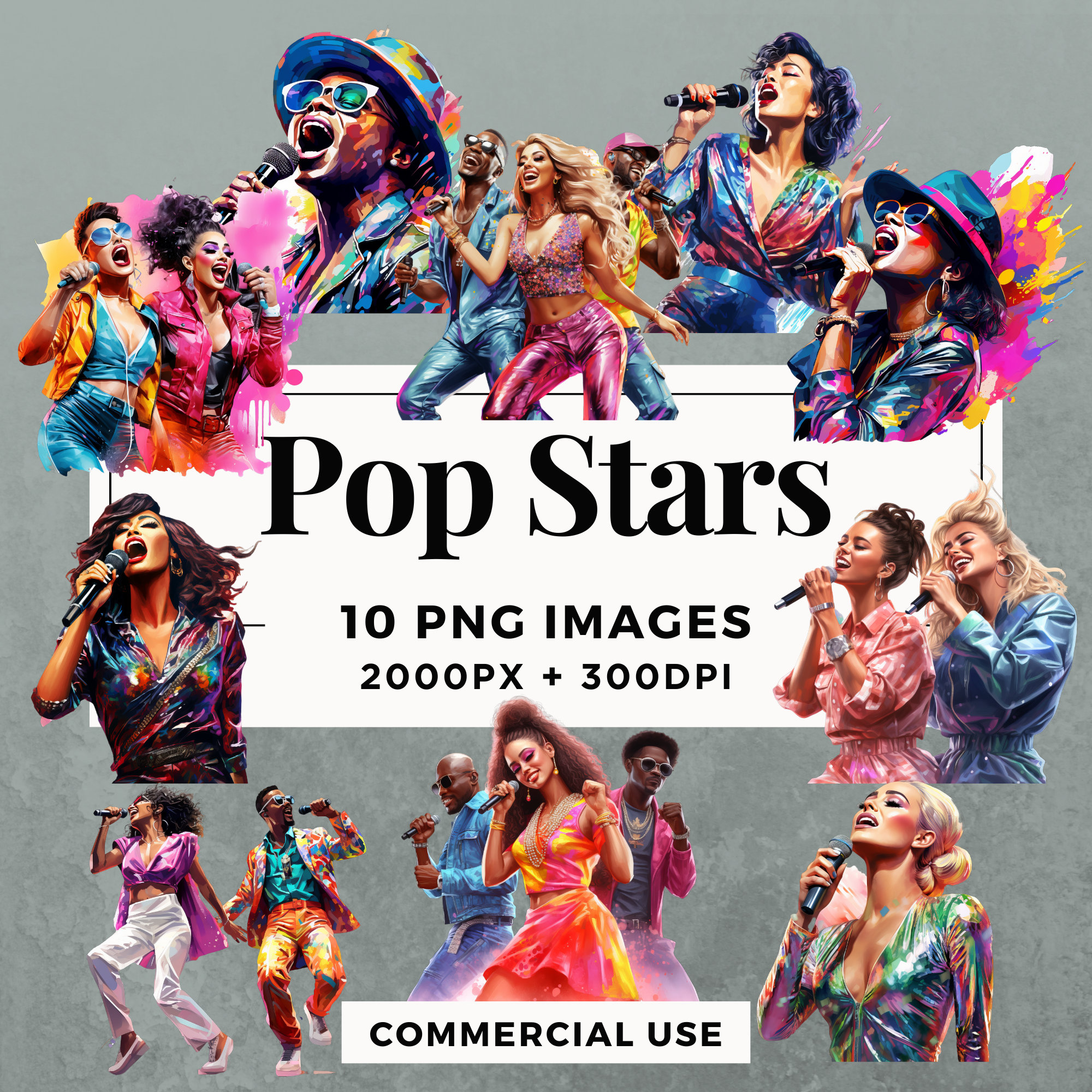 10 Pop Stars Clipart Pack INSTANT DOWNLOAD 10 Vibrant Pop Star ...