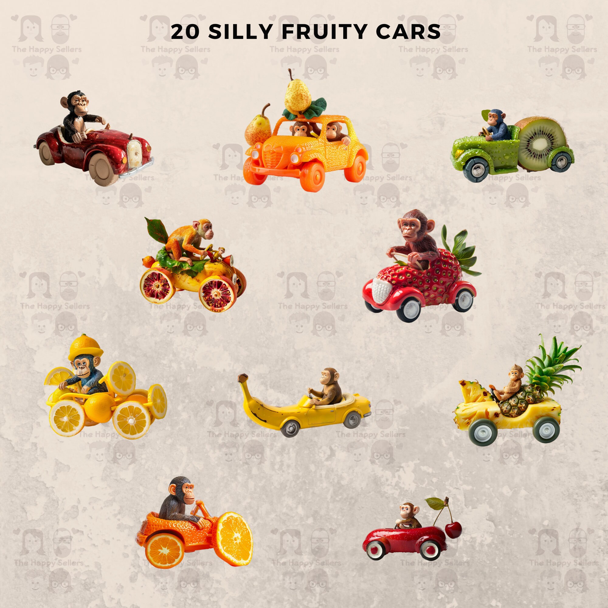 20 Silly Fruity Cars Clipart Pack INSTANT DOWNLOAD 20 Whimsical Fruit ...