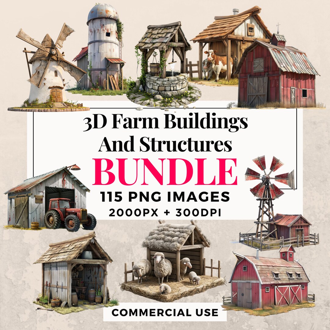 115 3D Farm Buildings and Structures Clipart Bundle - Instant Download ...