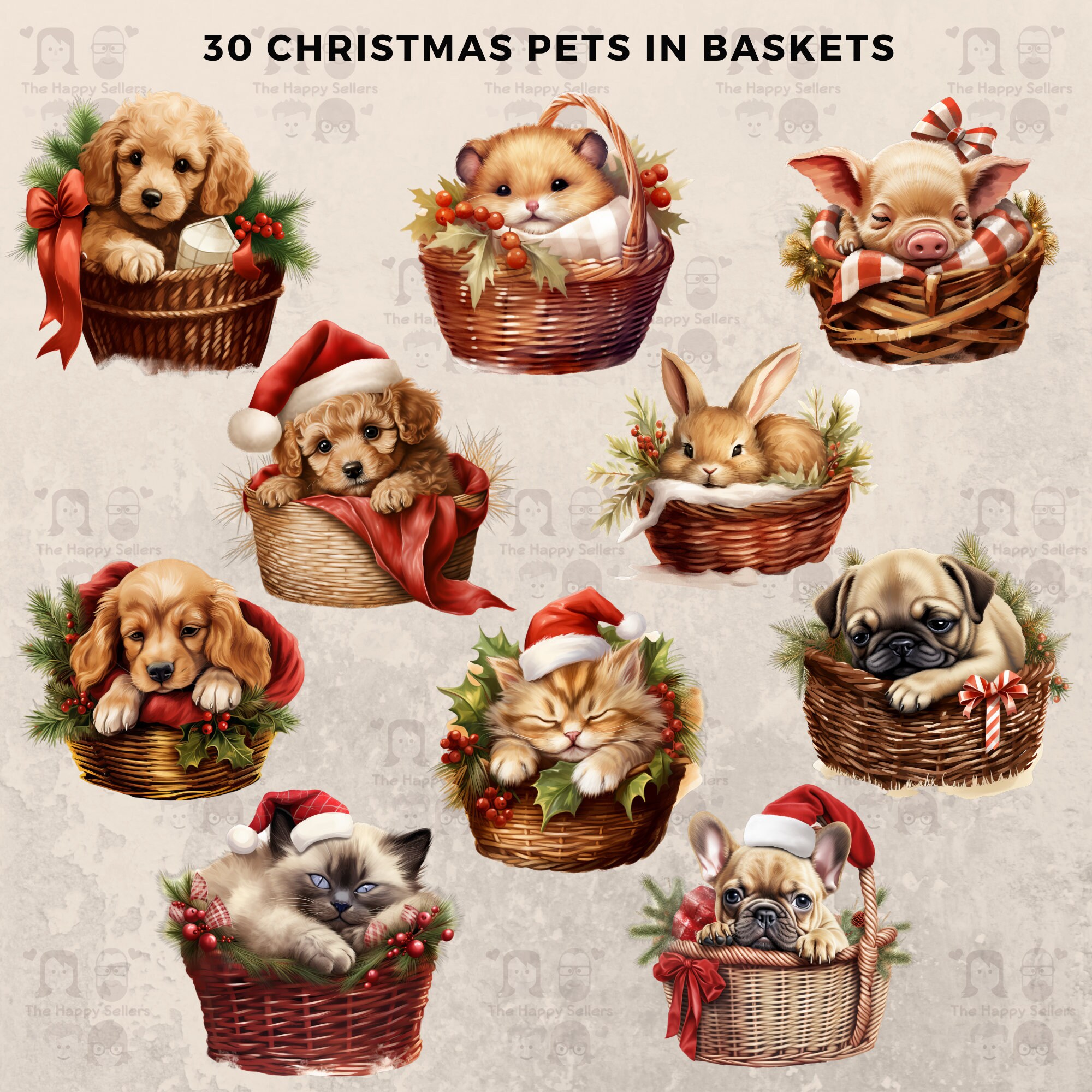 30 Christmas Pets in Baskets Clipart Pack INSTANT DOWNLOAD 30 Festive ...