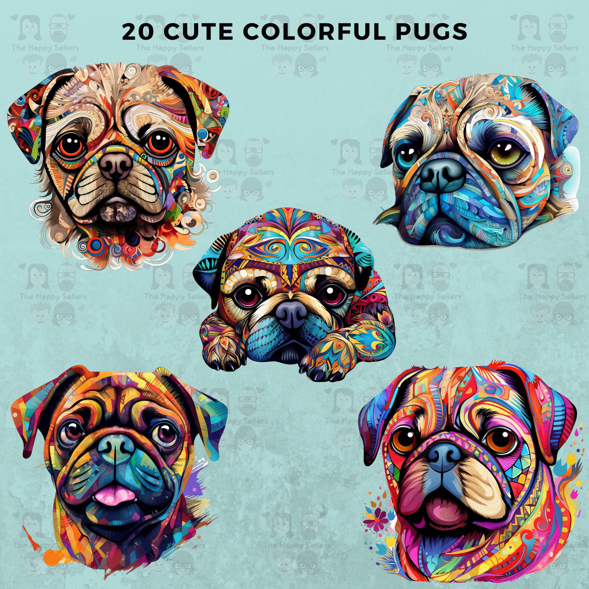 20 Cute Colorful Pugs Clipart Pack INSTANT DOWNLOAD 20 Adorable Pug ...