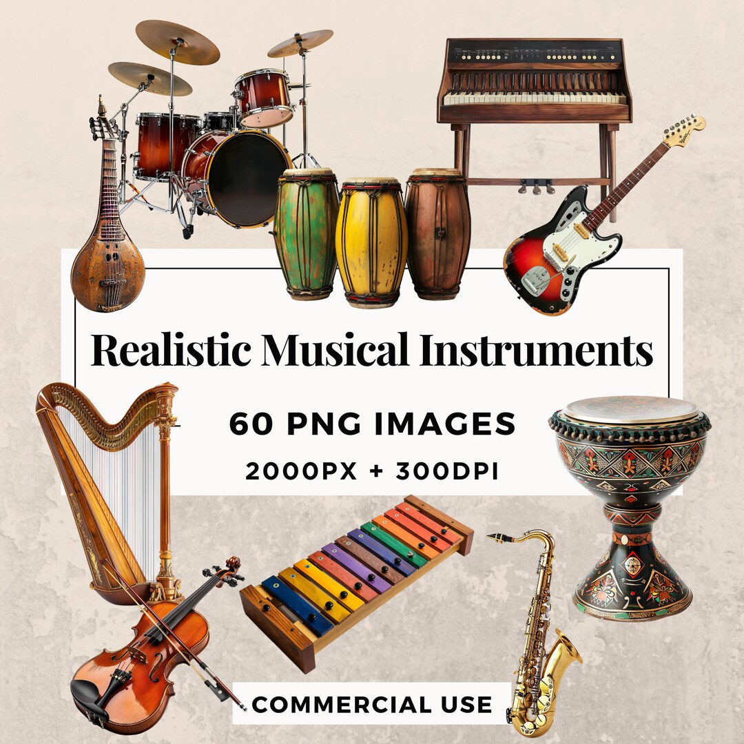 60 Realistic Musical Instruments Clipart Pack - INSTANT DOWNLOAD, PNG ...