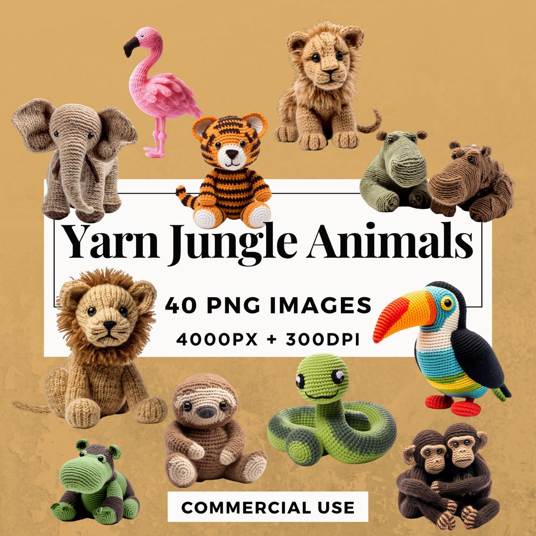 40 Yarn Jungle Animals Clipart Pack INSTANT DOWNLOAD Whimsical Yarn ...