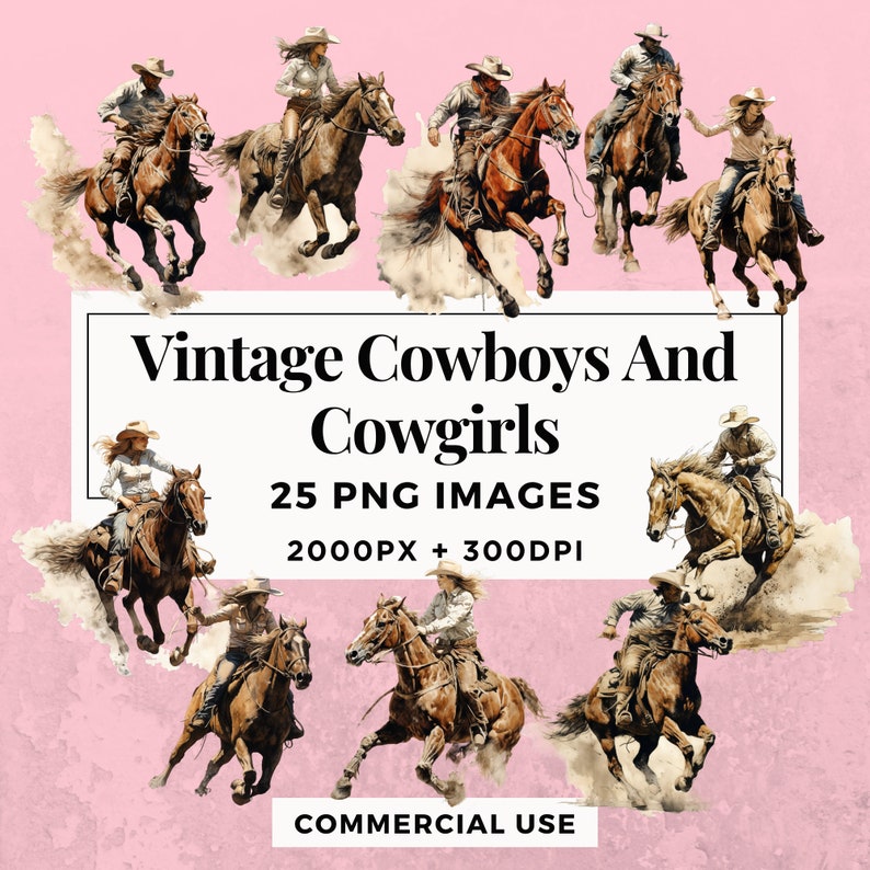 25 Vintage Cowboys and Cowgirls Clipart Pack INSTANT DOWNLOAD, PNG ...