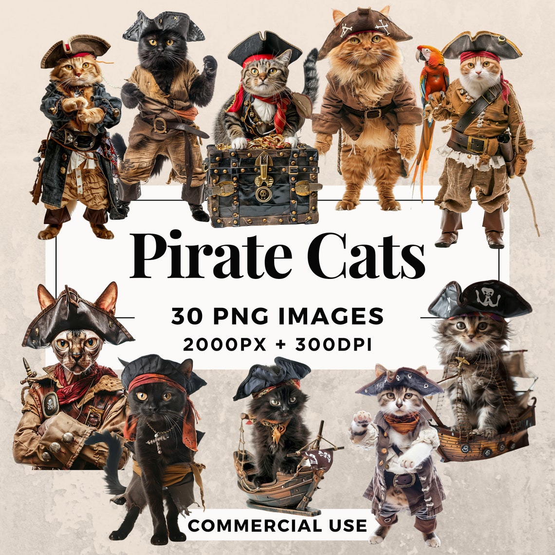 30 Pirate Cats Clipart Pack INSTANT DOWNLOAD 30 Swashbuckling Feline ...