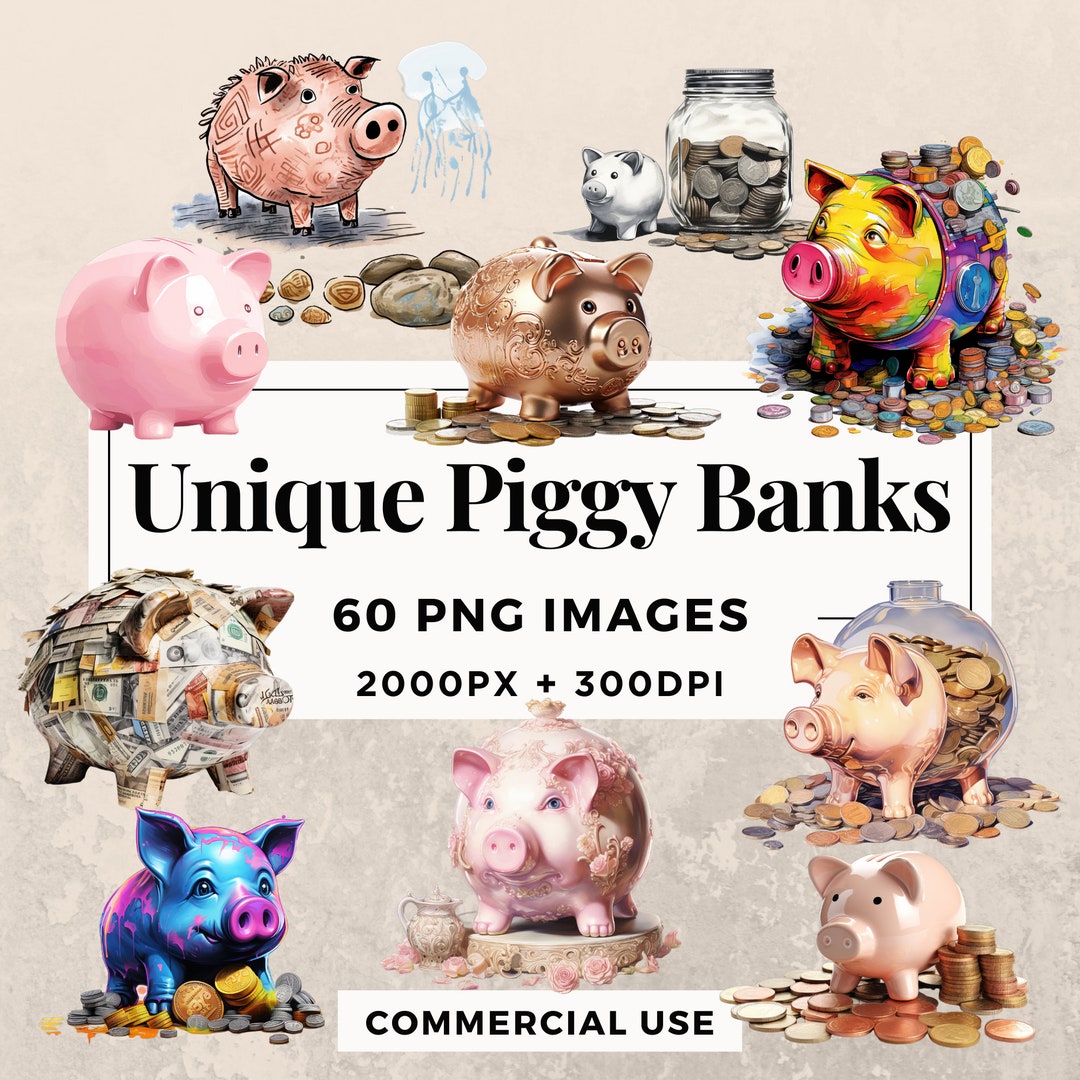 60 Unique Piggy Banks Clipart Pack INSTANT DOWNLOAD 60 Whimsical Piggy ...