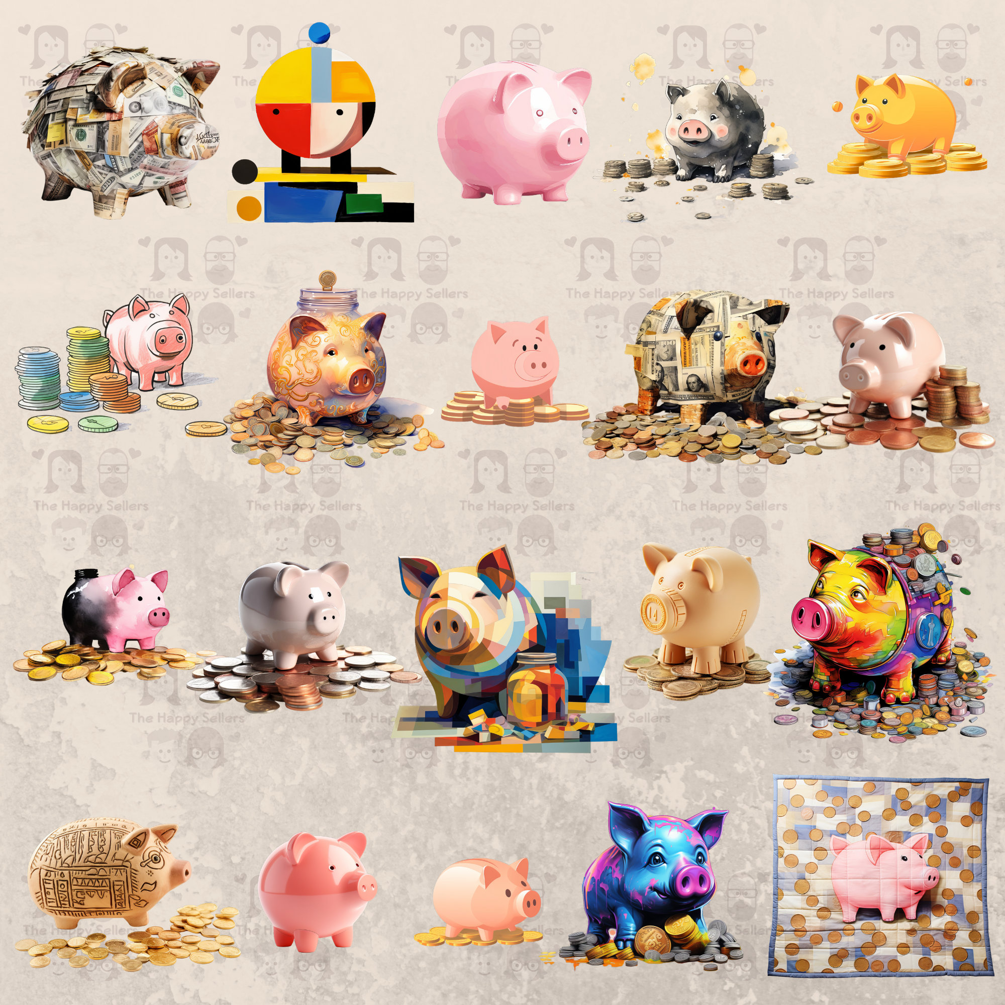 60 Unique Piggy Banks Clipart Pack INSTANT DOWNLOAD 60 Whimsical Piggy ...