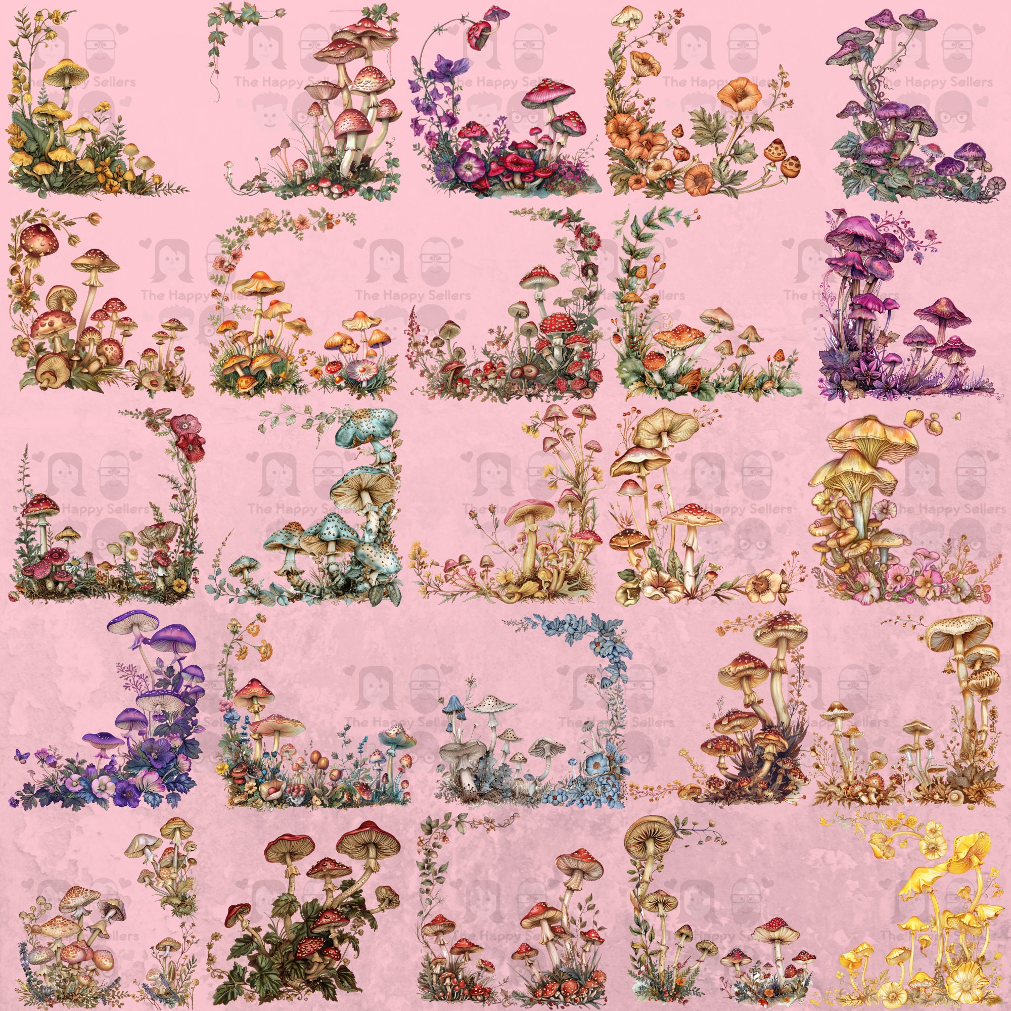 50 Vintage Mushrooms Corner Designs Clipart Pack - INSTANT DOWNLOAD ...