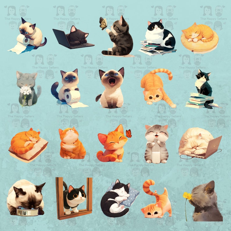 40 Cute Cartoon Cats Clipart Pack INSTANT DOWNLOAD 40 Adorable Cartoon ...