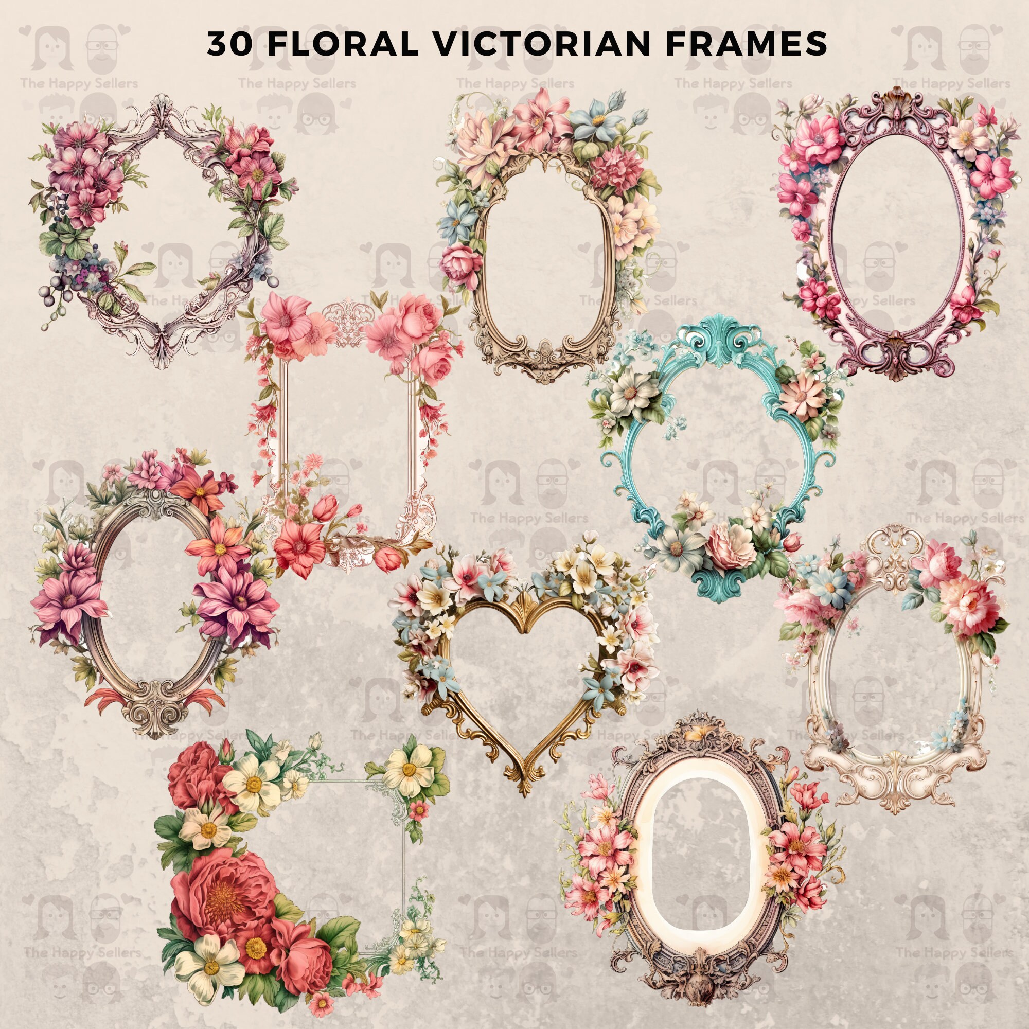 30 Floral Victorian Frames Clipart Pack - INSTANT DOWNLOAD, PNG Transparent Background, Personal ...