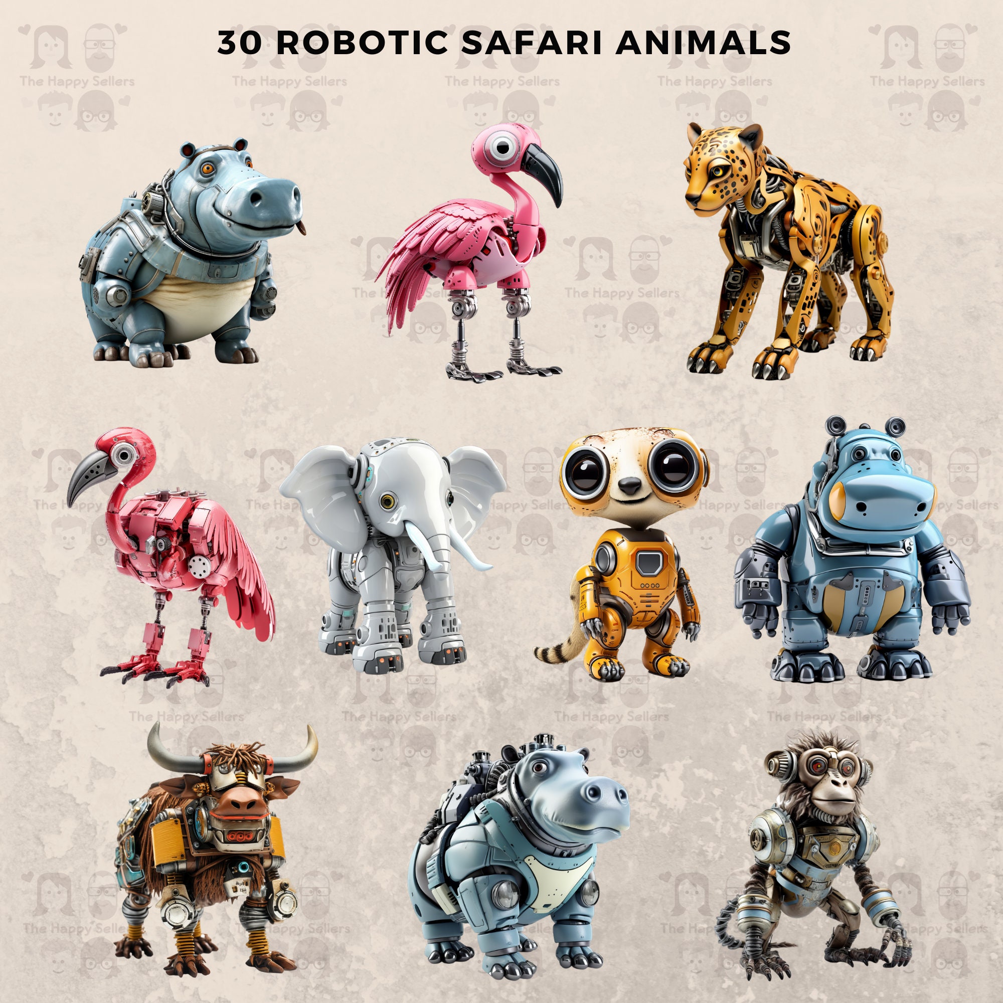 30 Robotic Safari Animals Clipart Pack - INSTANT DOWNLOAD, PNG ...