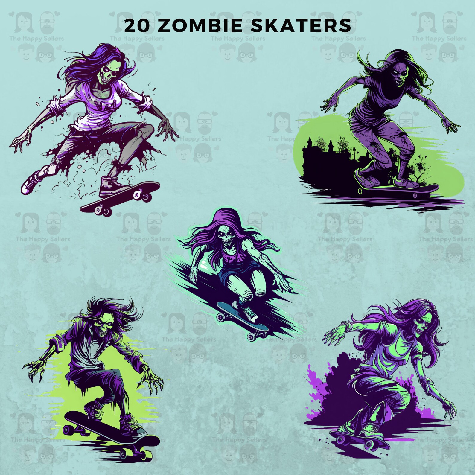20 Zombie Skaters Clipart Pack INSTANT DOWNLOAD 20 Skateboarding Zombie ...