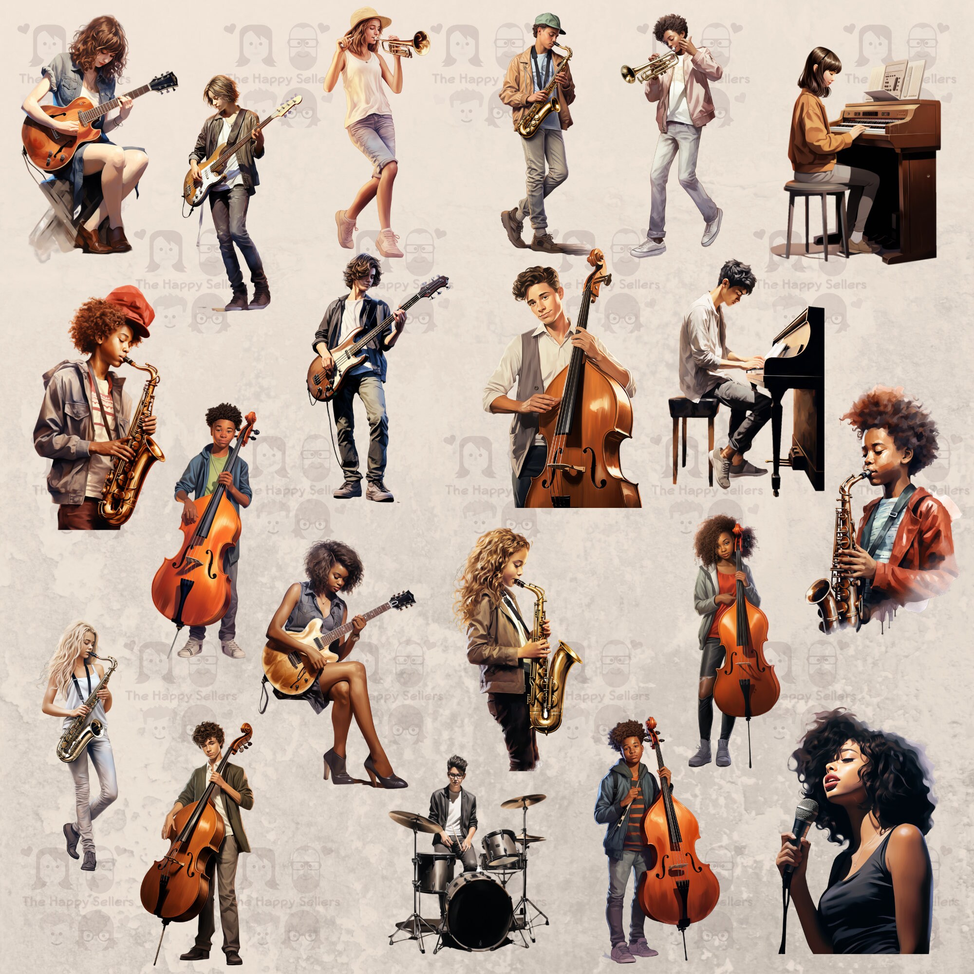 50 Young Jazz Musicians Clipart Pack INSTANT DOWNLOAD 50 Jazz Musician Illustrations, PNG ...