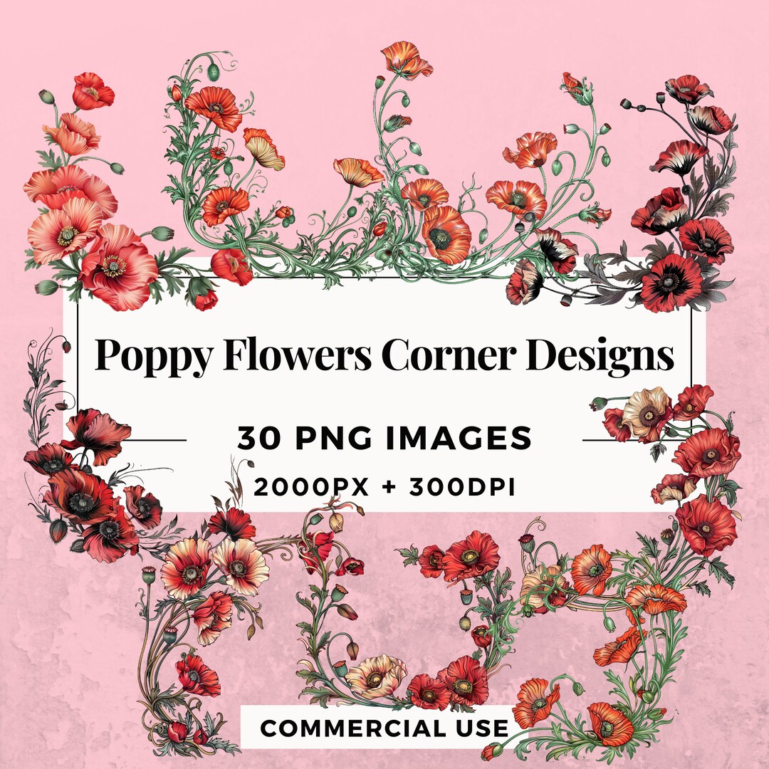 30 Poppy Flowers Corner Designs Clipart Pack - INSTANT DOWNLOAD, PNG ...
