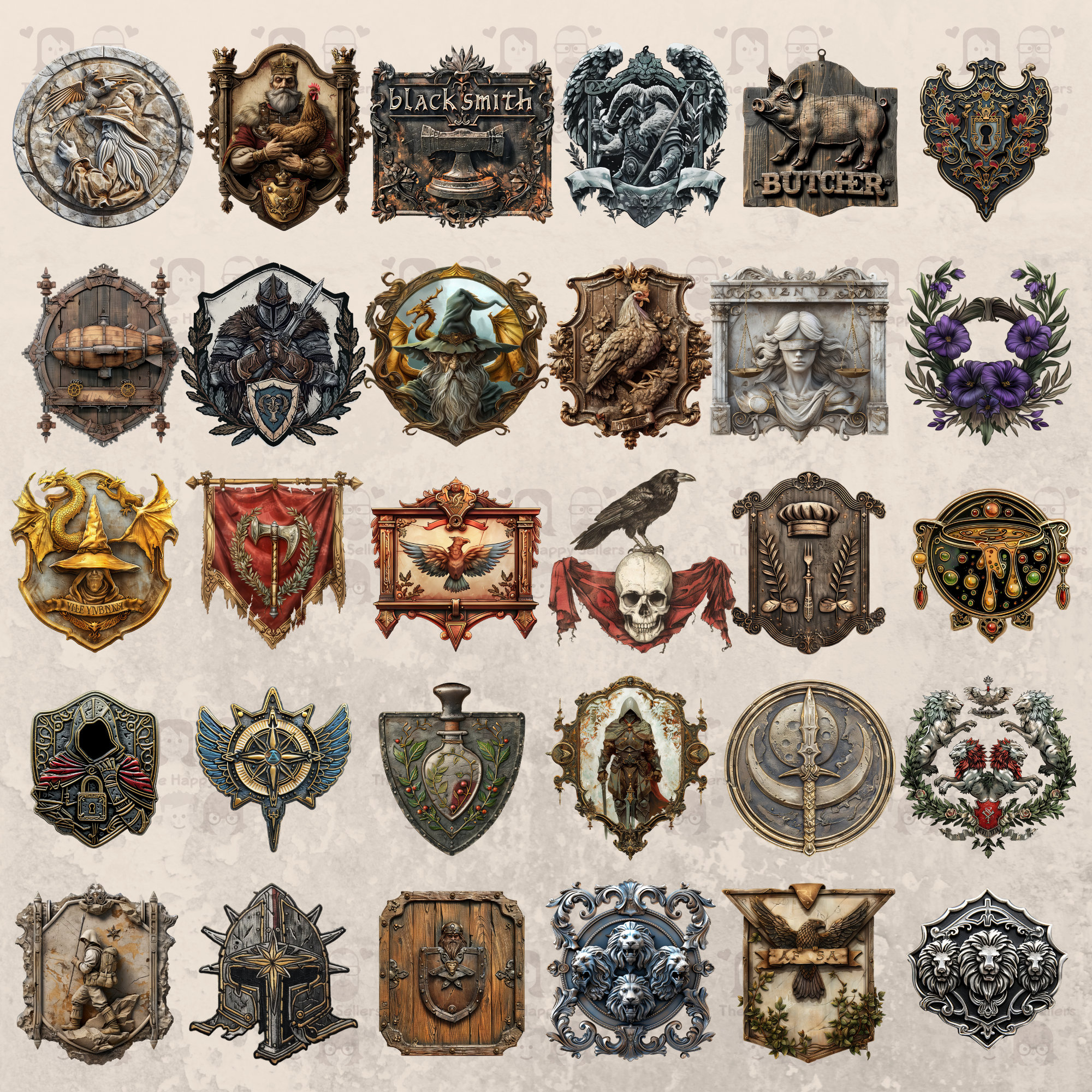 90 Fantasy Guilds' Emblems & Signs 1 Clipart Pack INSTANT DOWNLOAD 90 ...