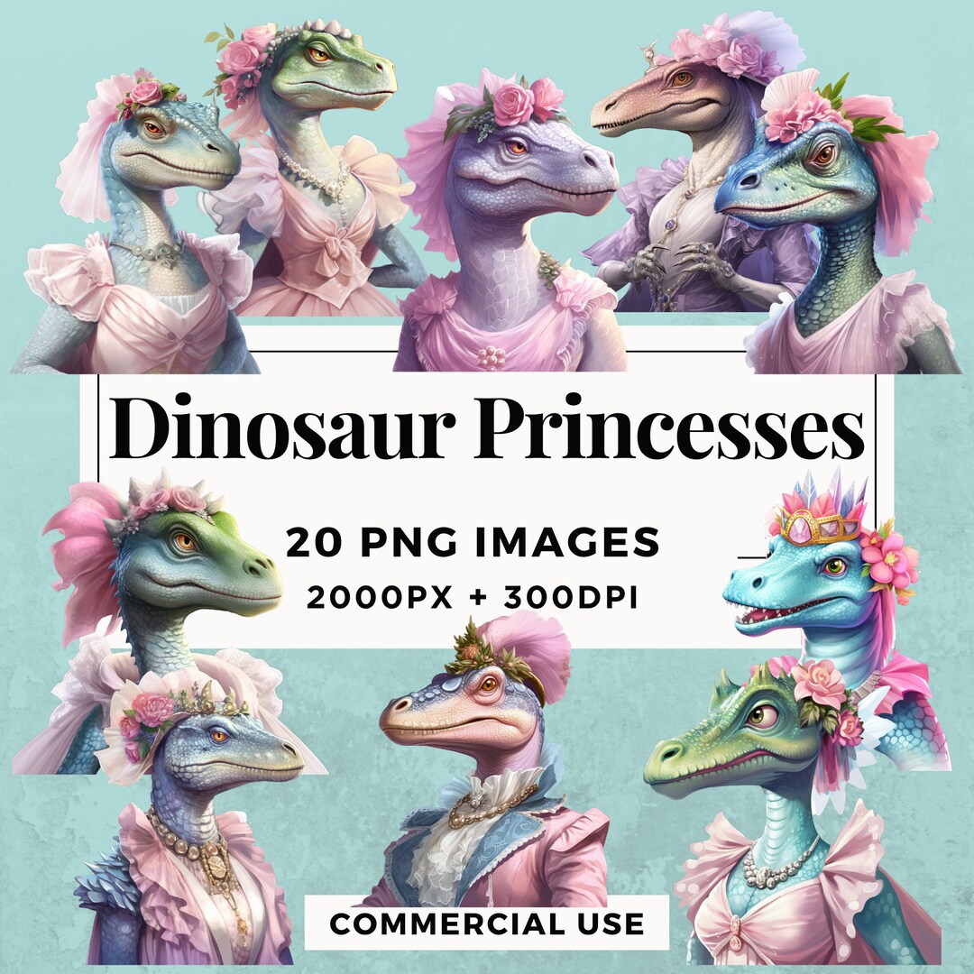 20 Dinosaur Princesses Clipart Pack INSTANT DOWNLOAD 20 Dinosaur ...