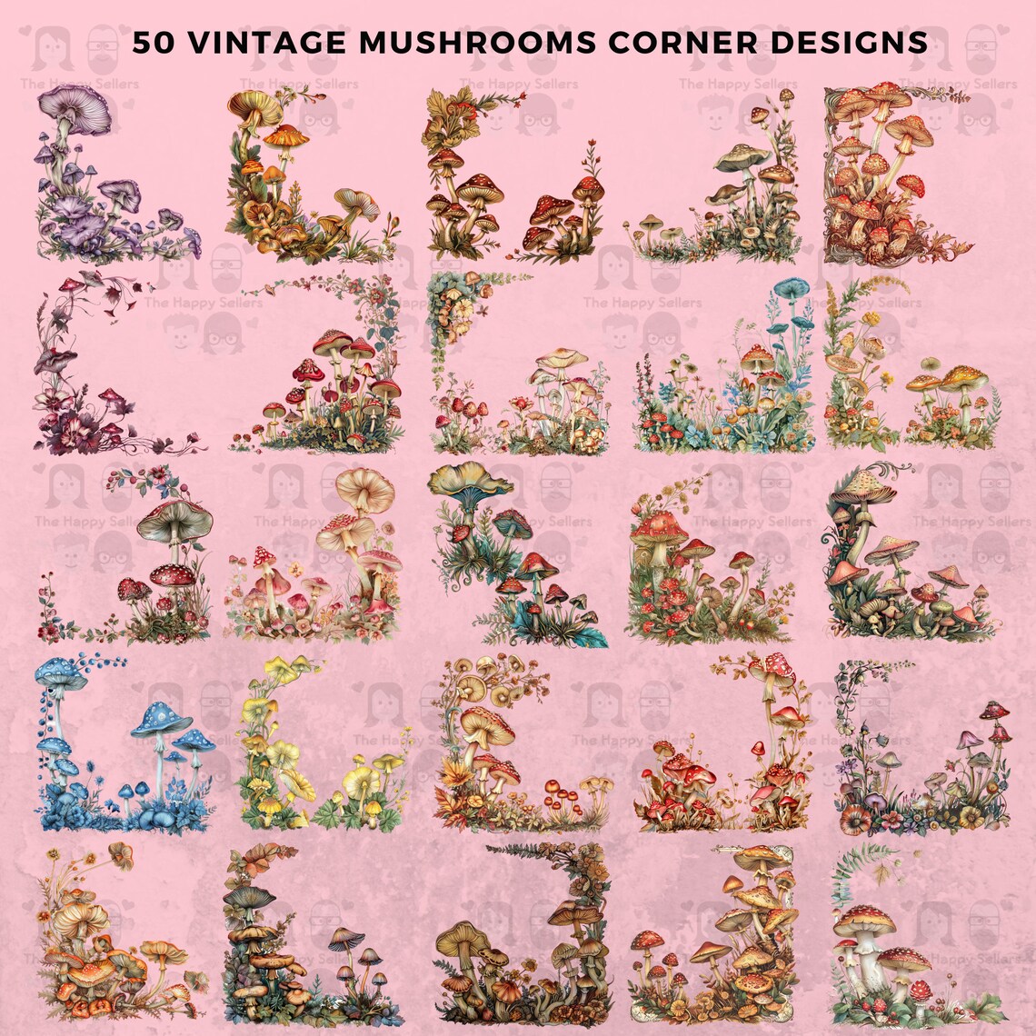 50 Vintage Mushrooms Corner Designs Clipart Pack - INSTANT DOWNLOAD ...