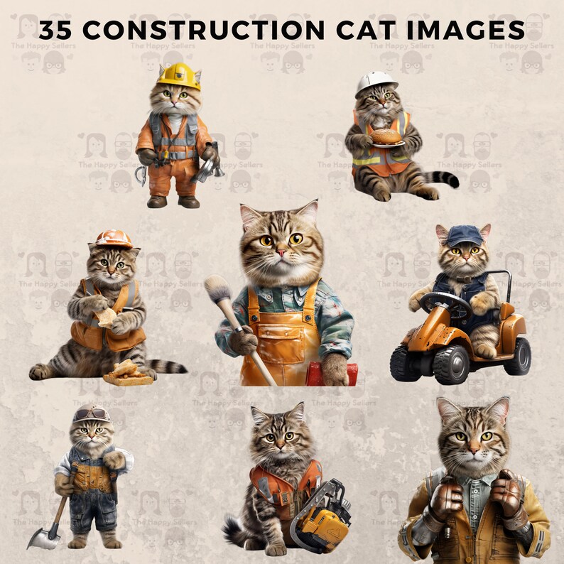 35 Construction Cats Clipart Pack INSTANT DOWNLOAD 35 Cat Images, PNG ...