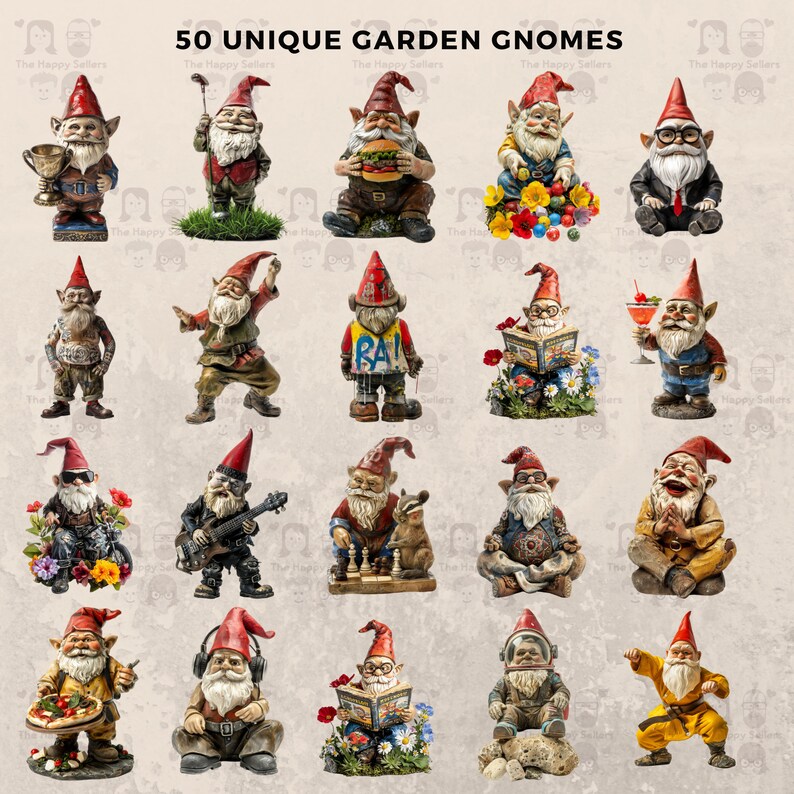 50 Unique Garden Gnomes Clipart Pack INSTANT DOWNLOAD 50 Whimsical ...