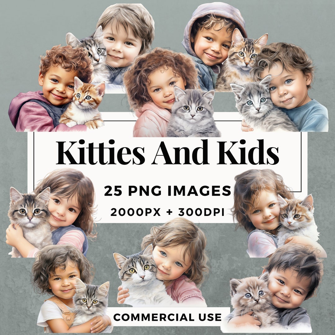 25 Kitties and Kids Clipart Pack INSTANT DOWNLOAD 25 Illustrations of ...