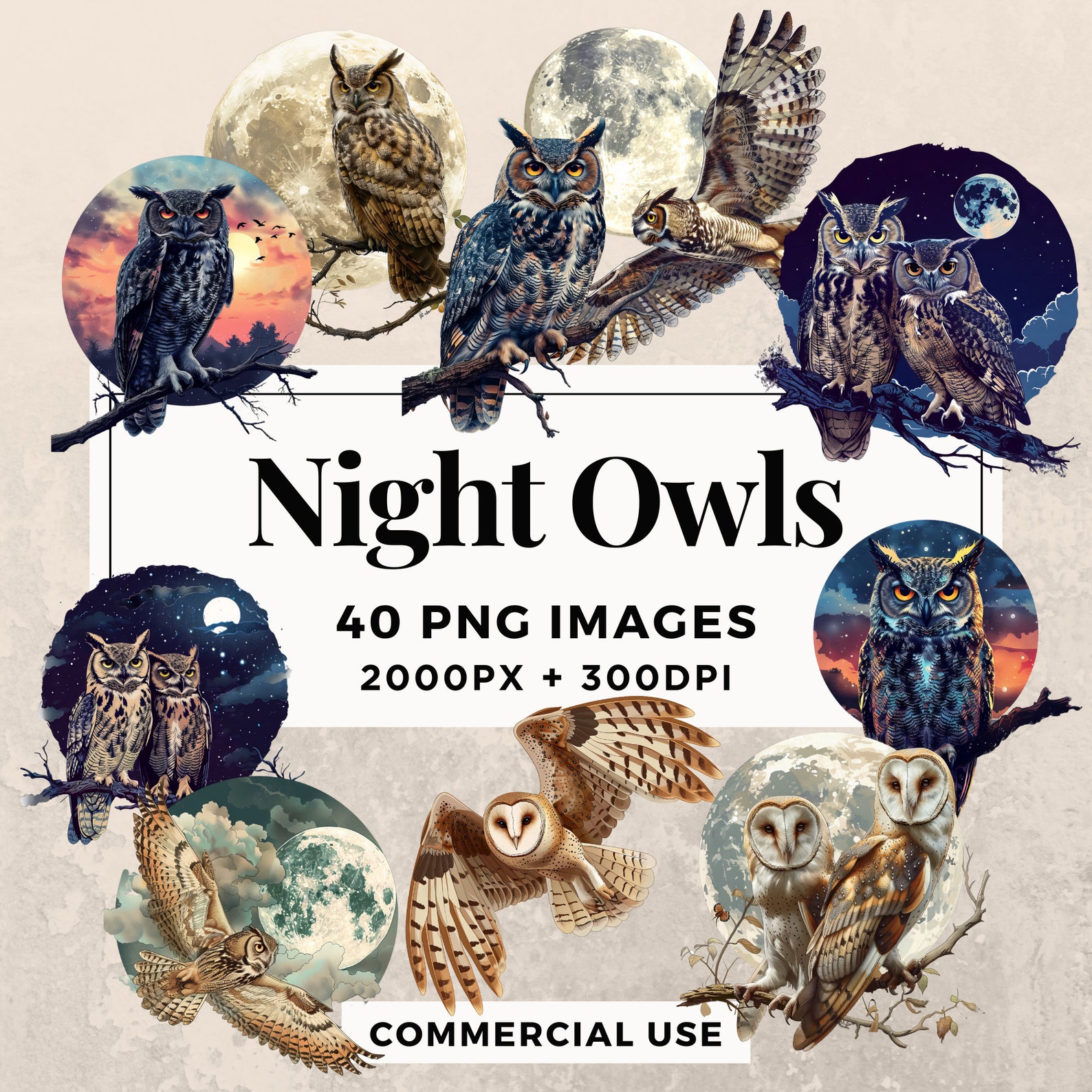 40 Night Owls Clipart Pack INSTANT DOWNLOAD 40 Night Owl Illustrations ...