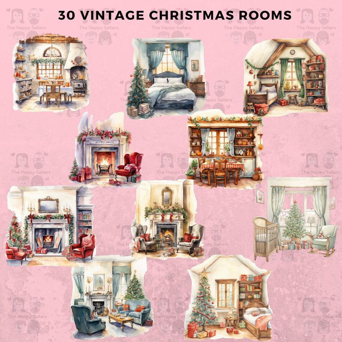 30 Vintage Christmas Rooms Clipart Pack INSTANT DOWNLOAD 30 Holiday ...
