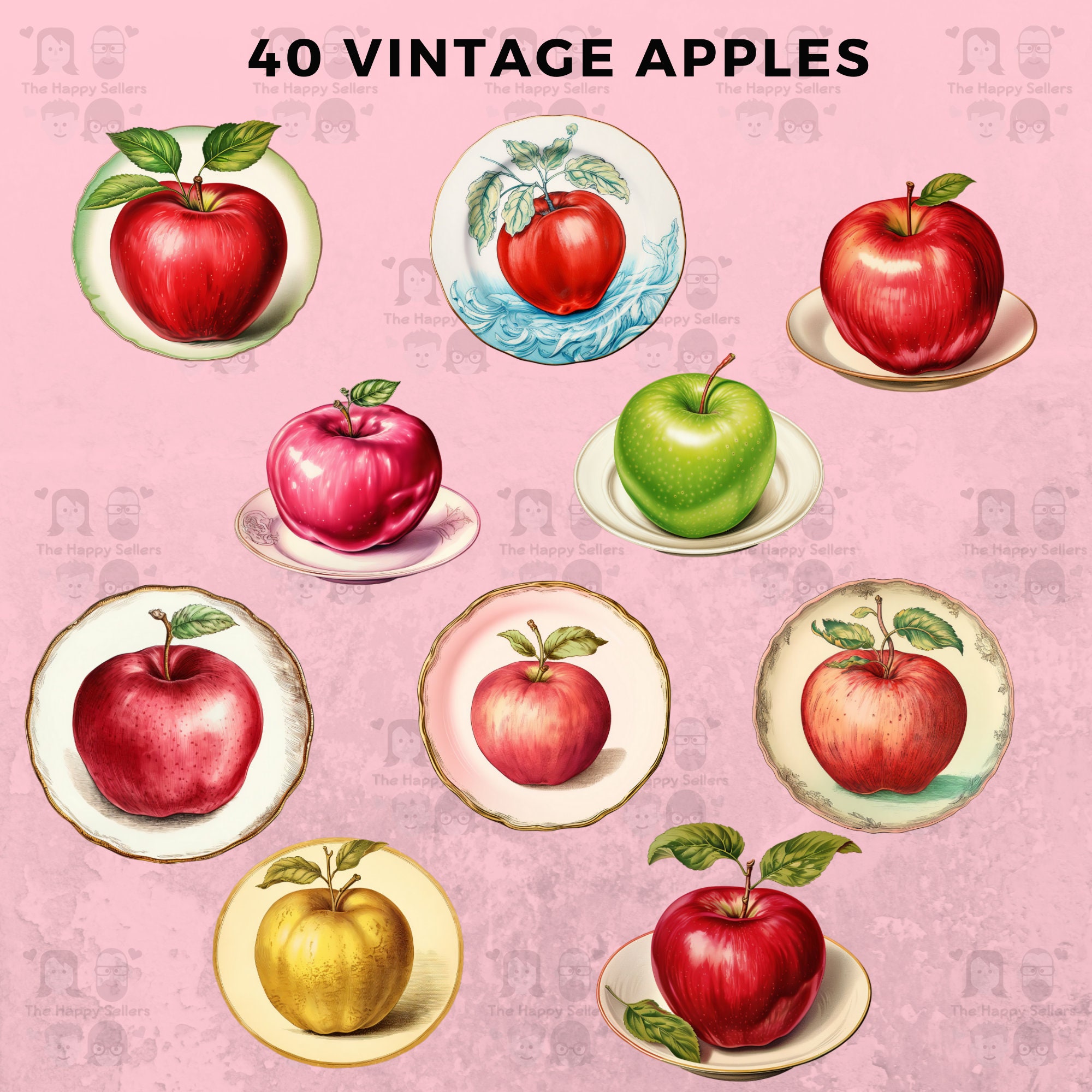 40 Vintage Apples Clipart Pack INSTANT DOWNLOAD Vintage Apple Illustrations, PNG Transparent ...