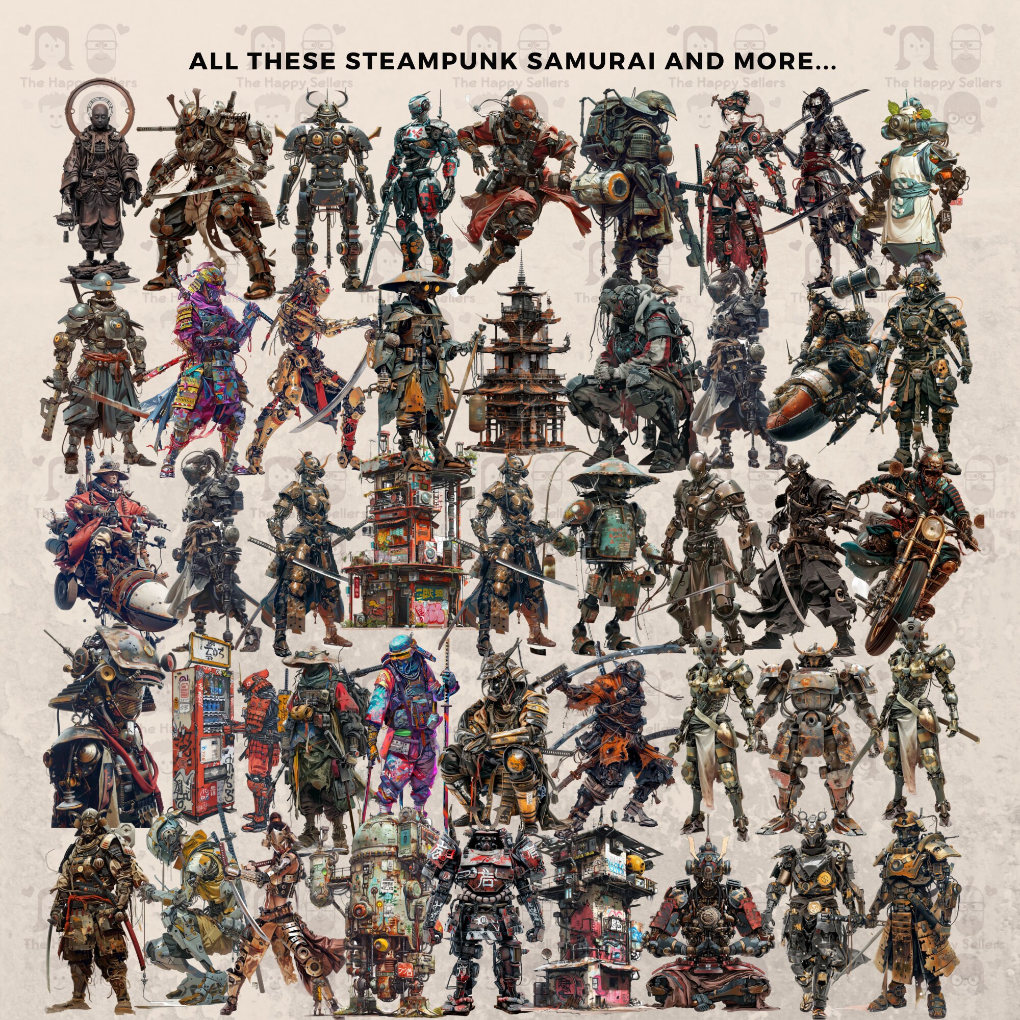 128 Steampunk Samurai Clipart Bundle Instant Download, PNG Images ...