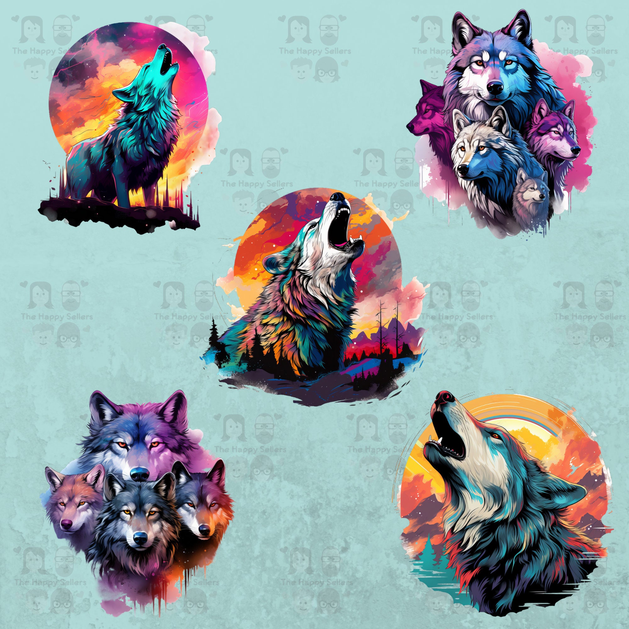 10 Neon Wolves Clipart Pack INSTANT DOWNLOAD 10 Vibrant Neon Wolf ...