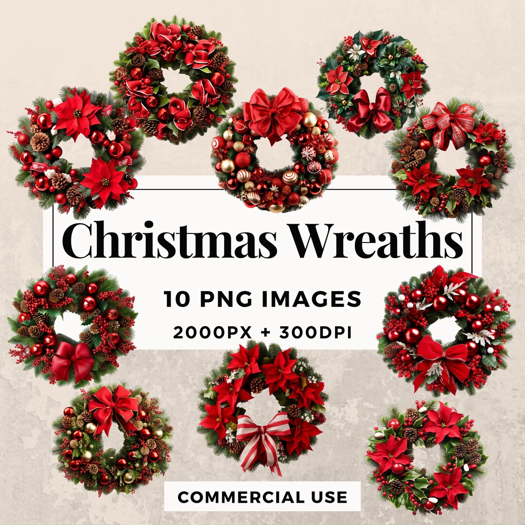 10 Christmas Wreaths Clipart Pack INSTANT DOWNLOAD 10 Christmas Wreath ...