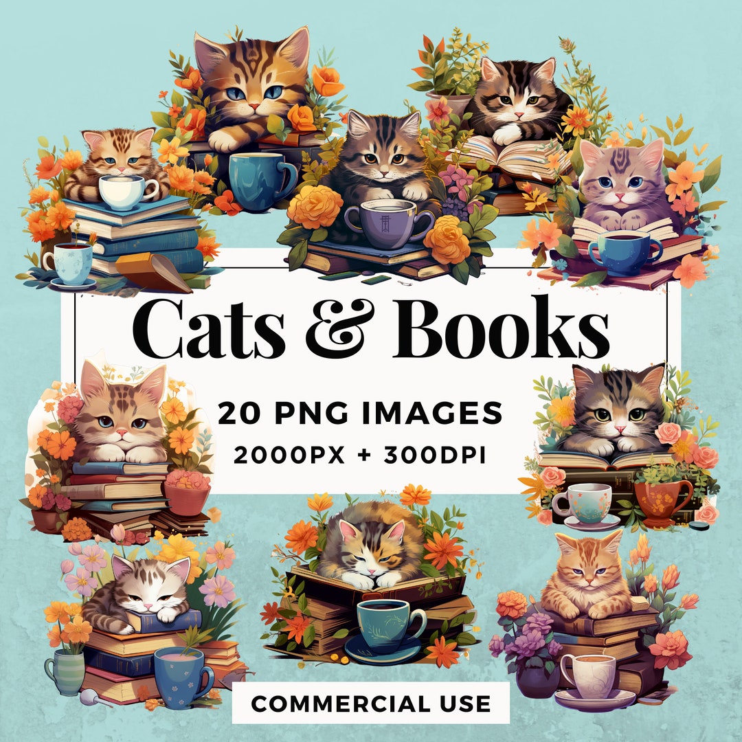 20 Cats and Books Clipart Pack INSTANT DOWNLOAD 20 Adorable Cat and ...